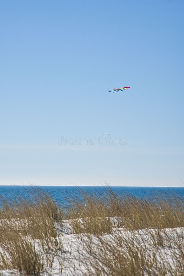 Vertical Shot of the Sandy Shore, Blue Sea and a Colorful Kite in the ...