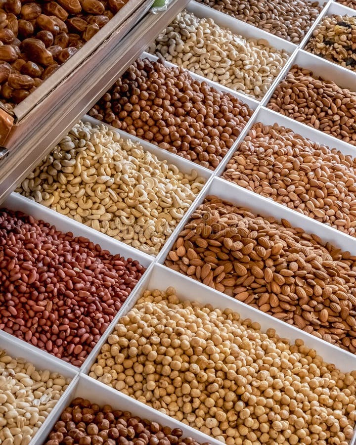 Vertical Shot of a Selection of Dried Nuts Displayed on a Market Stall ...