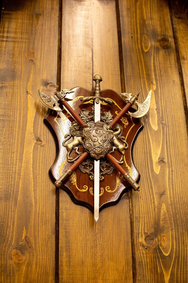 Vertical Shot of a Shield and Sword - Pirate Symbol Stock Photo - Image ...