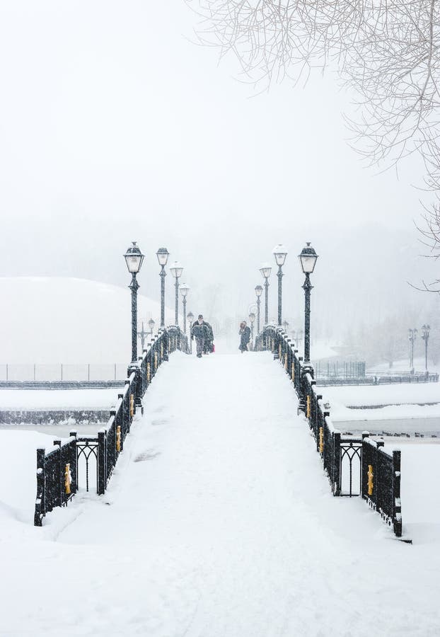 Vertical Shot of a Snow-covered Pedestrian Bridge Stock Photo - Image ...