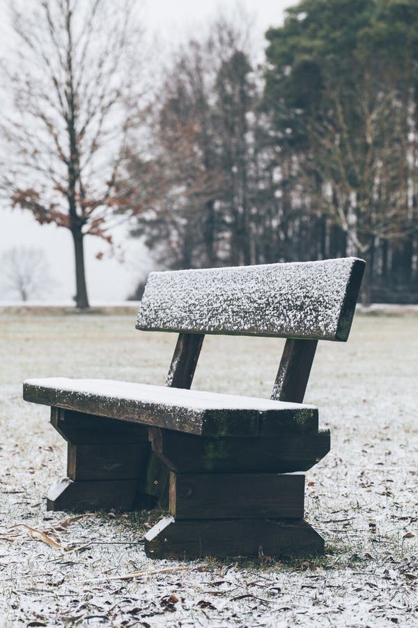 Vertical Shot of a Snowy Bench with a Blurred Background Stock Photo ...