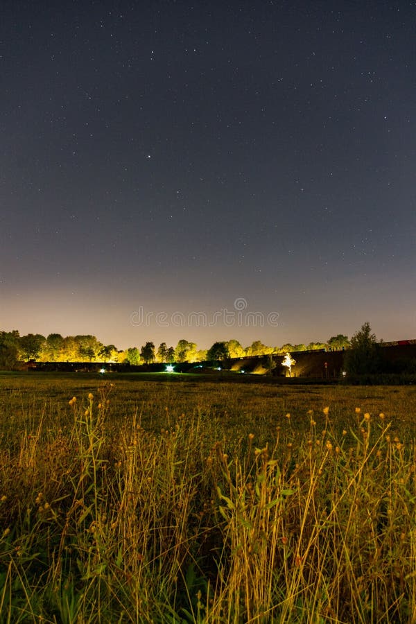 Vertical Shot of the Starry Night Sky Over the Green Field Stock Image ...