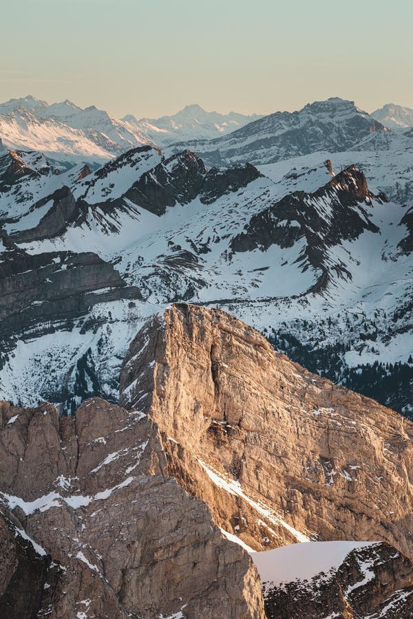 Vertical Shot of the Swiss Alps. Beautiful Snowy Range Stock Photo ...