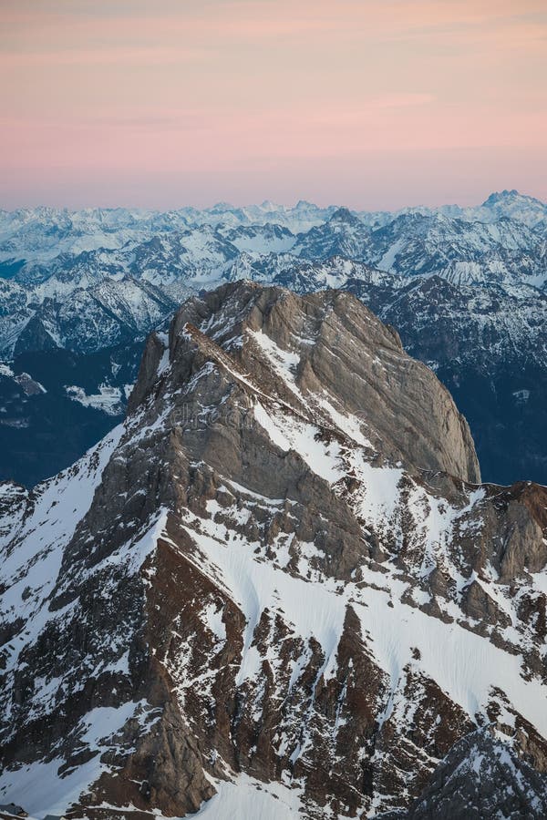 Vertical Shot of the Swiss Alps. Beautiful Snowy Range Stock Image ...