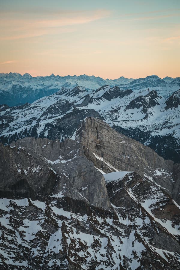 Vertical Shot of the Swiss Alps. Beautiful Snowy Range Stock Image ...