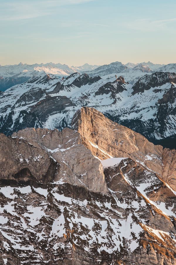 Vertical Shot of the Swiss Alps. Beautiful Snowy Range Stock Photo ...