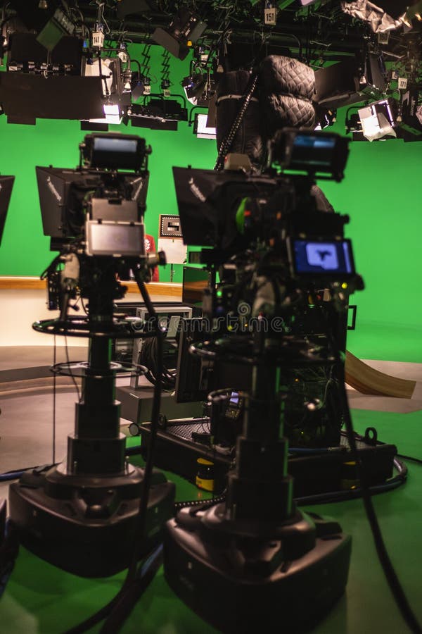 Vertical Shot of a Television Studio with Professional Cameras and ...