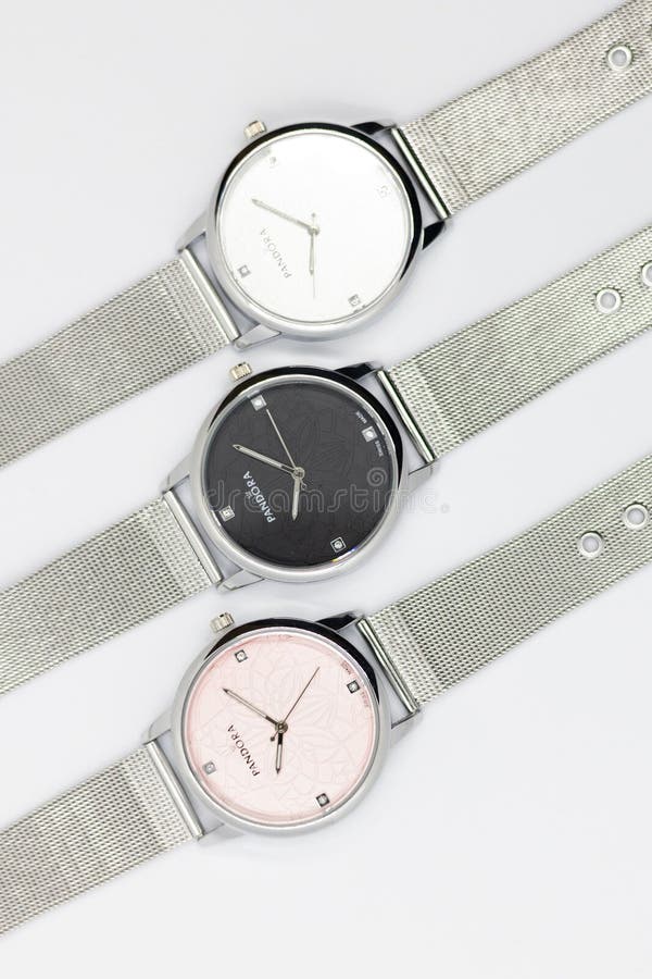 Vertical Shot of Three Silver Pandora Hand Watches Isolated on a White ...