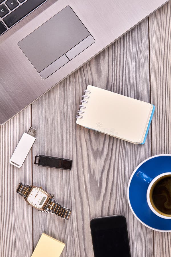 Vertical Shot Top View Flat Lay Office Workdesk on White Table. Stock ...