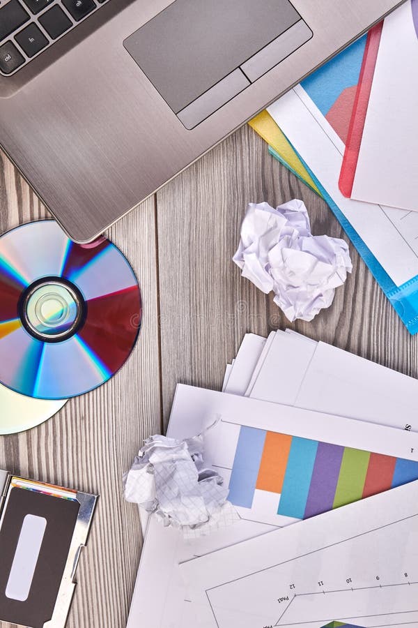 Vertical Shot Top View Office Desk with Papers and Laptop. Stock Image ...