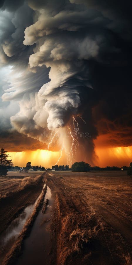 Vertical Shot of a Tornado with Lightning Striking the Fields at Sunset ...