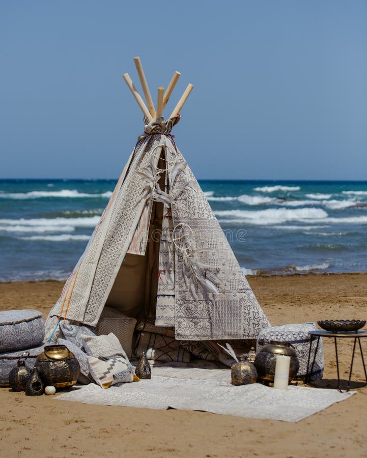 Vertical Shot of a Vintage Tent on the Beach Stock Photo - Image of ...