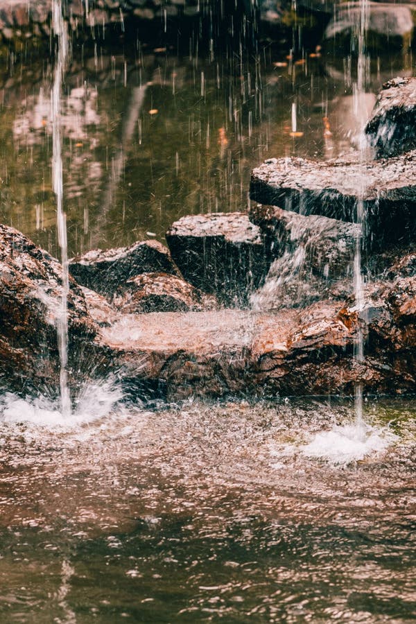 Vertical Shot of Water Flowing Down from Above into the Pond. Stock ...