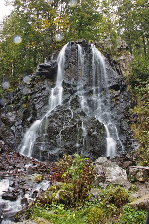 Vertical Shot of a Waterfall Flowing Down the Rocks Covered with ...