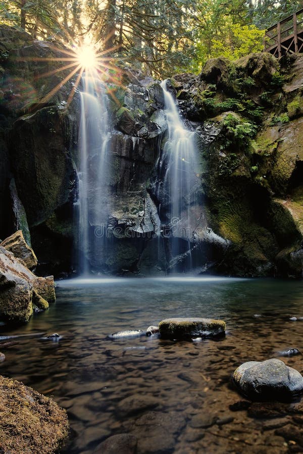 Vertical Shot of a Waterfall on a Lake in a Fores Stock Image - Image ...