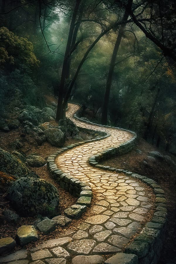 Vertical Shot of a Winding Stone Path through Dense Forest with ...