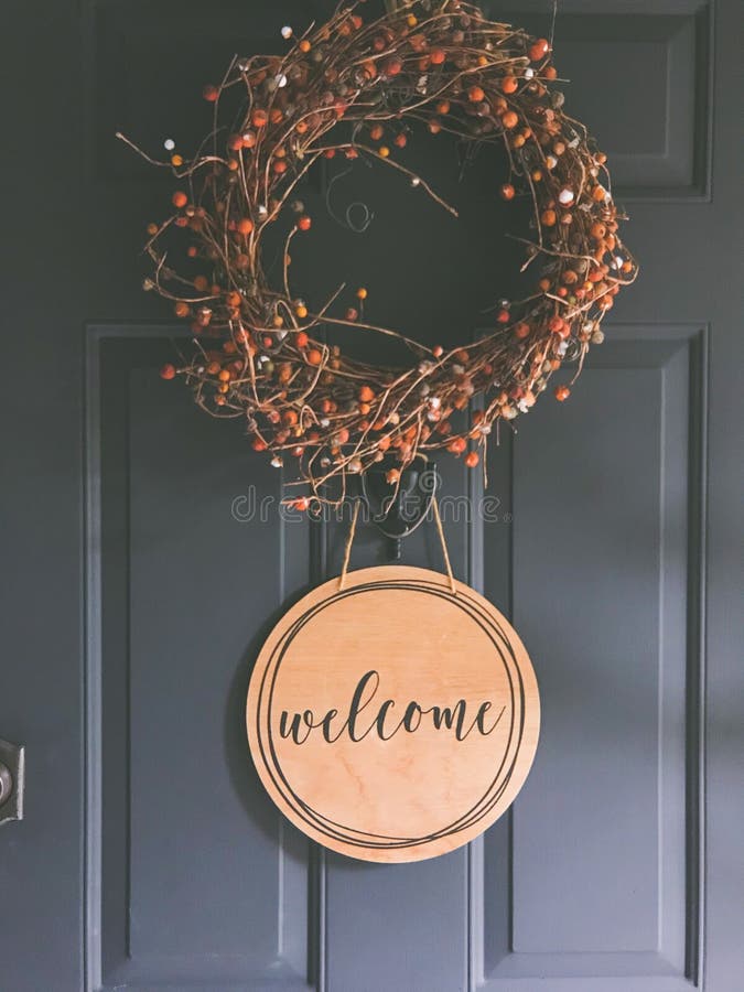 Vertical Shot of Wreath with Welcome Text on a Front Door Stock Image ...