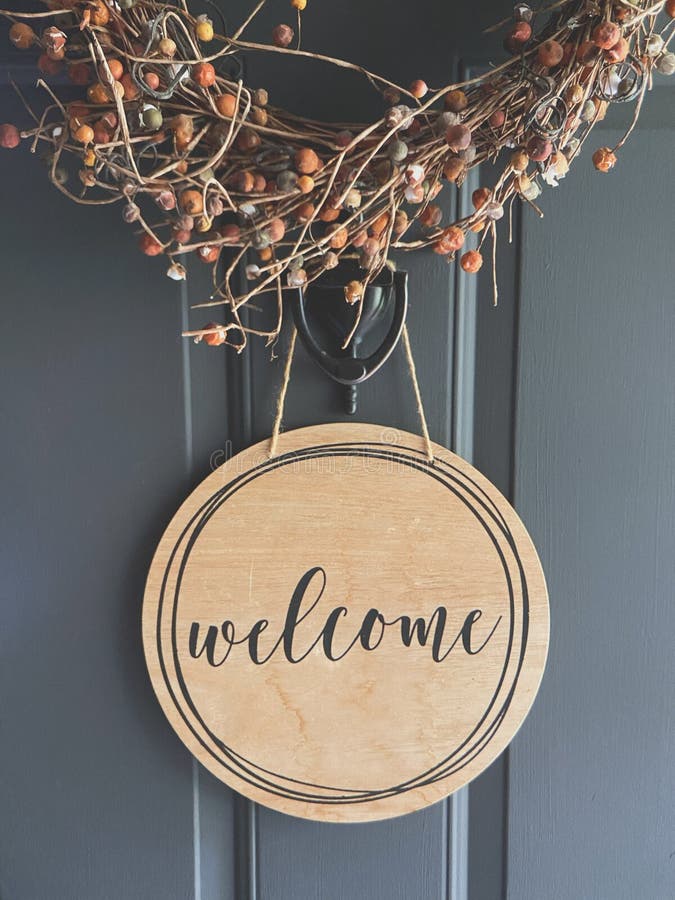 Vertical Shot of a Wreath with Welcome Text on Front Door Stock Image ...