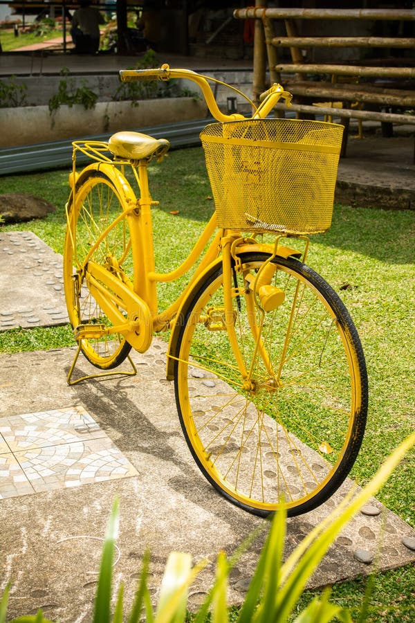 Vertical Shot of a Yellow Bicycle with a Basket Stock Image - Image of ride, cycling: 262459313