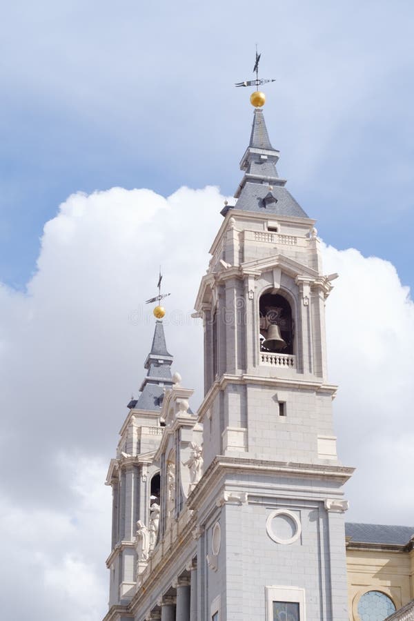 Vertical Side View of Madrid Cathedral Bell Towers with the Clody Sky ...