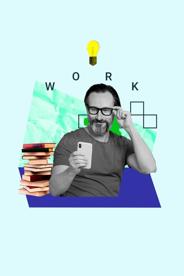 Vertical Sketch 3d Artwork Collage of Happy Businessman Hold Phone Book ...