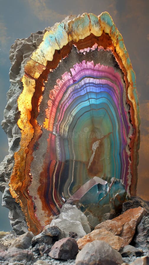 A Vertical Slice of a Vibrant Geode Displaying Vivid, Colorful Layers ...
