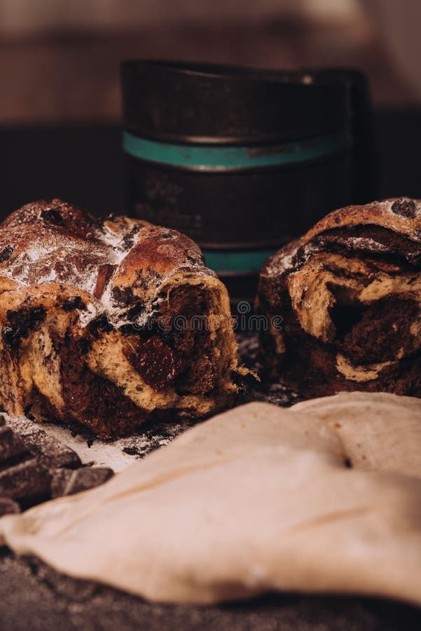 Vertical of Slices of Chocolate Bread with the Background of a Mug and ...