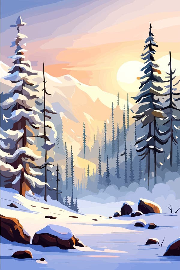 Vertical Snowfall in Winter Forest on the Background of Mountains ...