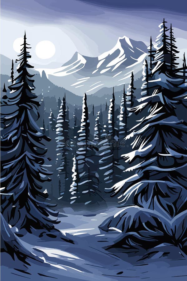 Vertical Snowfall in Winter Forest on the Background of Mountains ...