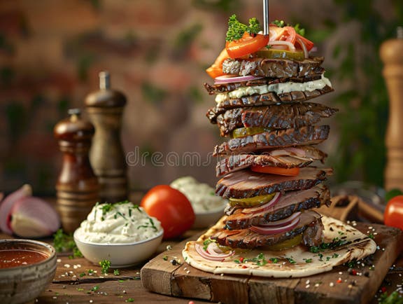 A Vertical Spit of Shawarma with Layers of Marinated Meat Stock Photo ...