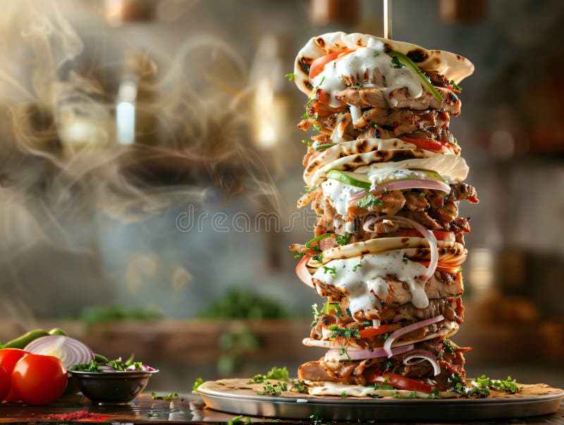 A Vertical Spit of Shawarma with Layers of Marinated Meat Stock Image ...