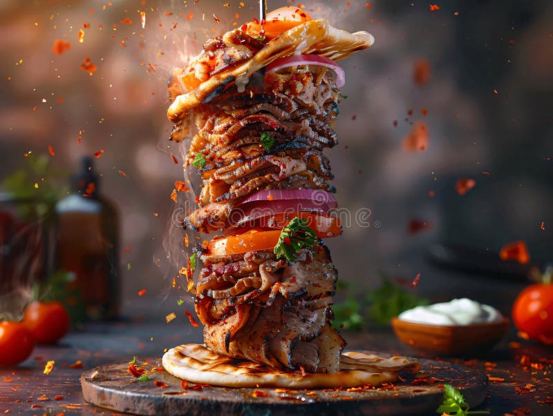 A Vertical Spit of Shawarma with Layers of Marinated Meat Stock Image ...