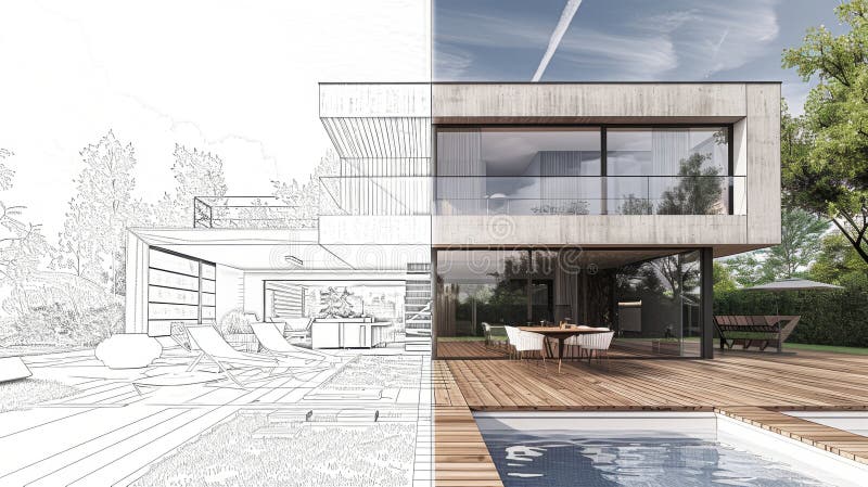 Vertical Split Screen Rendering of Detailed Sketch and Realistic Image ...