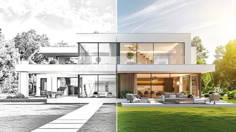 Vertical Split Screen Rendering of Detailed Sketch and Realistic Image ...