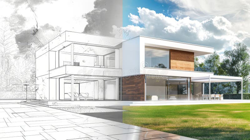 Vertical Split Screen Rendering of Detailed Sketch and Realistic Image ...