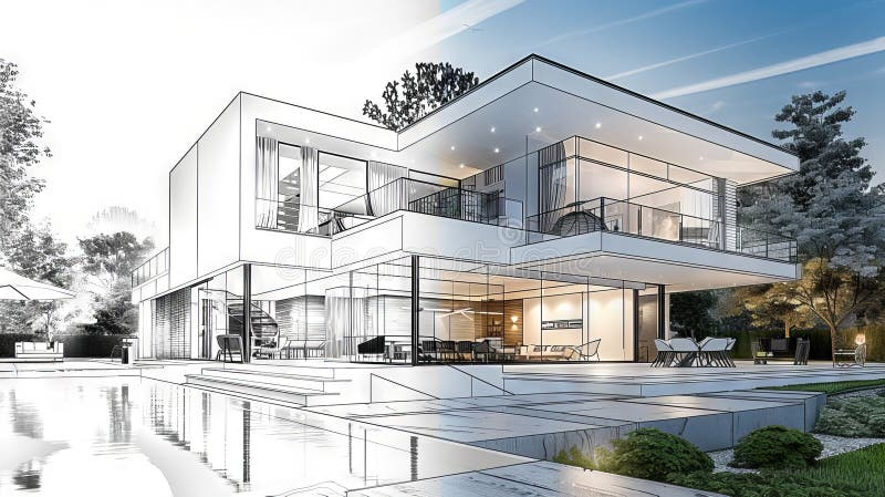 Vertical Split Screen Rendering of Detailed Sketch and Realistic Image ...