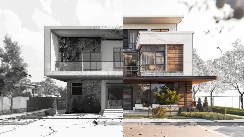 Vertical Split Screen Rendering of Detailed Sketch and Realistic Image ...