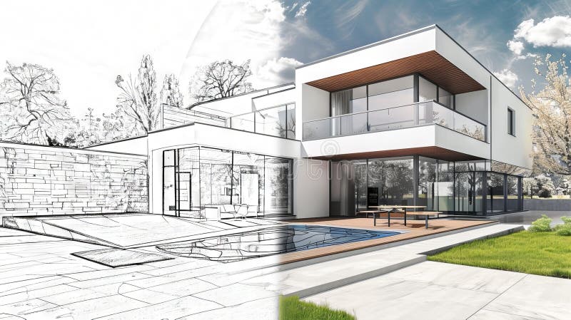 Vertical Split Screen Rendering of Detailed Sketch and Realistic Image ...