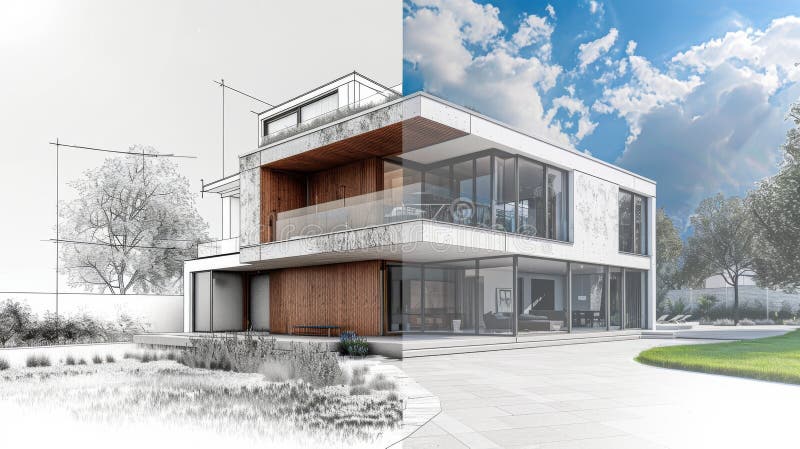 Vertical Split Screen Rendering of Detailed Sketch and Realistic Image ...