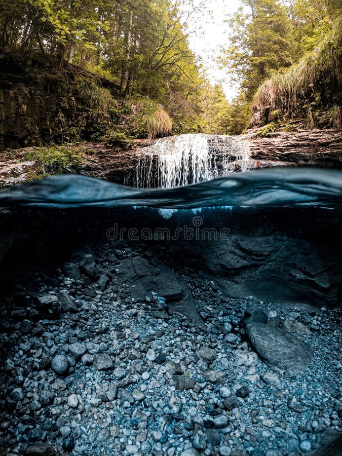 Vertical Split View of a Waterfall Above and Below Water Surface Stock ...
