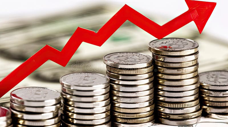 Towering Wealth: Coins Soaring with Red Arrow Stock Image - Image of ...