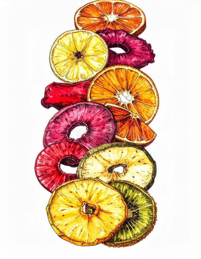 Vertical Stack of Colorful Dried Fruit Slices Watercolor Illustration on White Stock ...