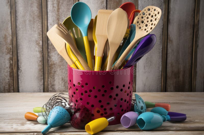 A Vertical Stack of Cooking Utensils with a Variety of Colors and ...