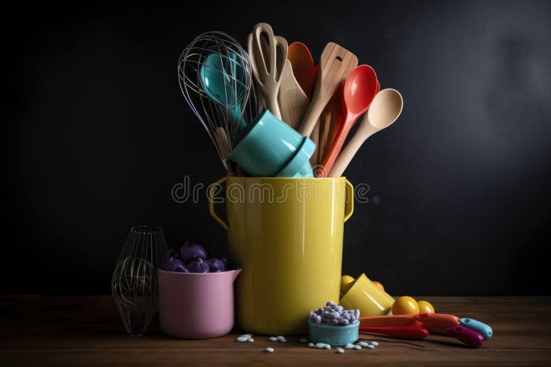 A Vertical Stack of Cooking Utensils with a Variety of Colors and ...