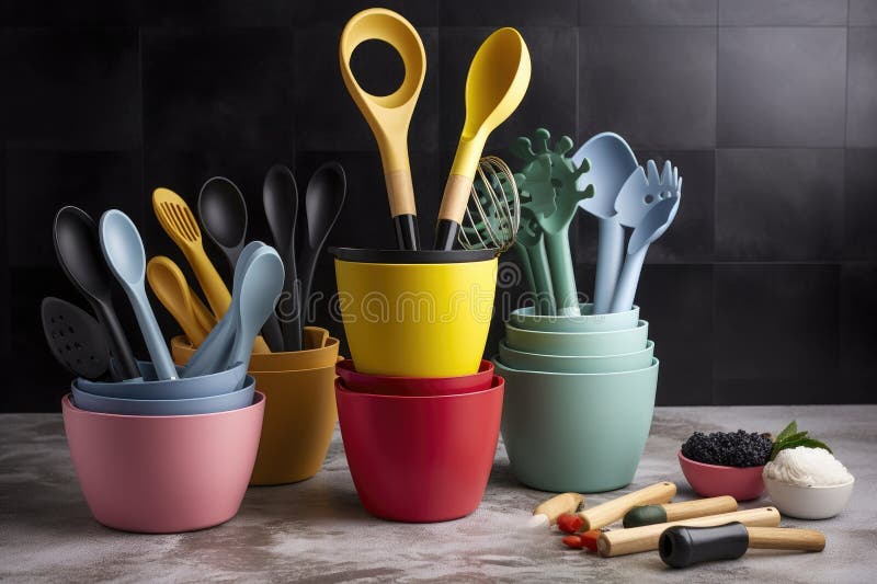 A Vertical Stack of Cooking Utensils with a Variety of Colors and ...