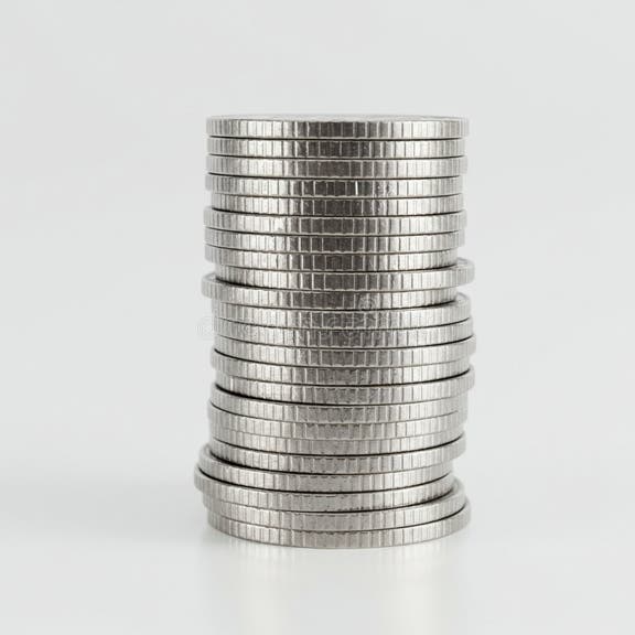 A Vertical Stack of Identical, Round Metallic Coins with a Ribbed Edge ...