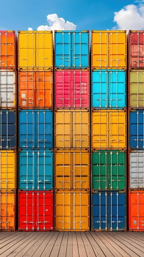 A Vertical Stack of Multicolored Cargo Containers Set Against a Clear ...