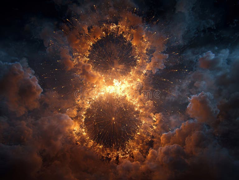 Vertical Stack of Two Golden-orange Firework Bursts Forms Number 8 ...