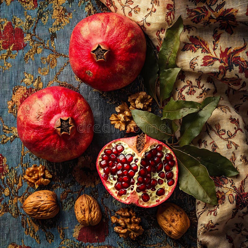 Vertical Still Life of Fresh Fruits : Pomegranate and Pomegranate Leaf ...
