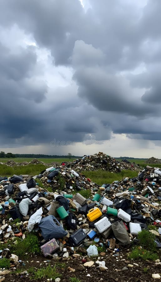 Garbage Landfill in Green Field Under Dramatic Cloudy Sky before Storm ...